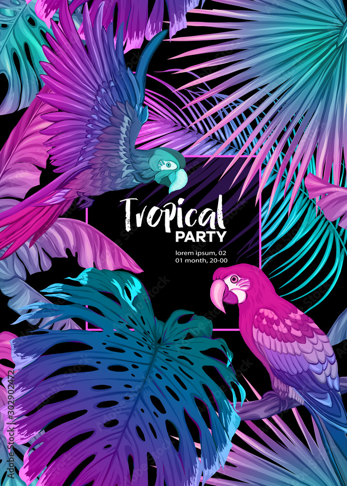 Background, party invitation, cover with text box with tropical plants ...