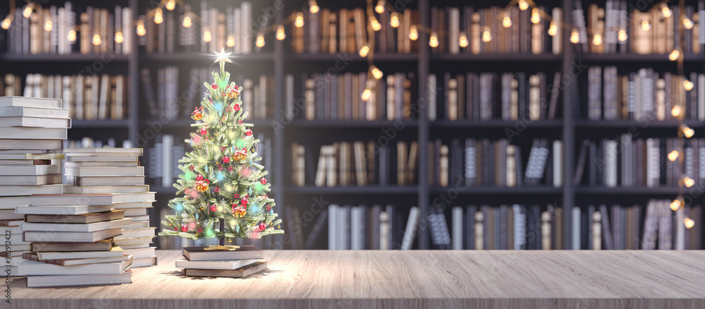 Decorated Christmas tree on Bookshelf in the library with old books ...