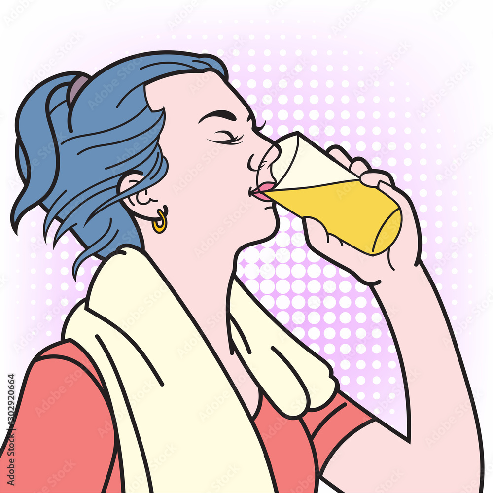 Young woman drinking orange juice.pop art comic style illustration ...
