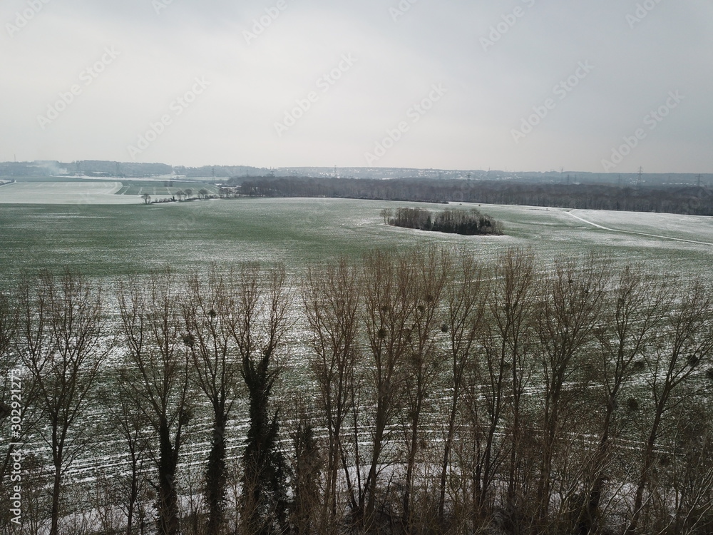 vue aérienne d'un champ d'herbe verte à moité sous la neige avec forêt ...
