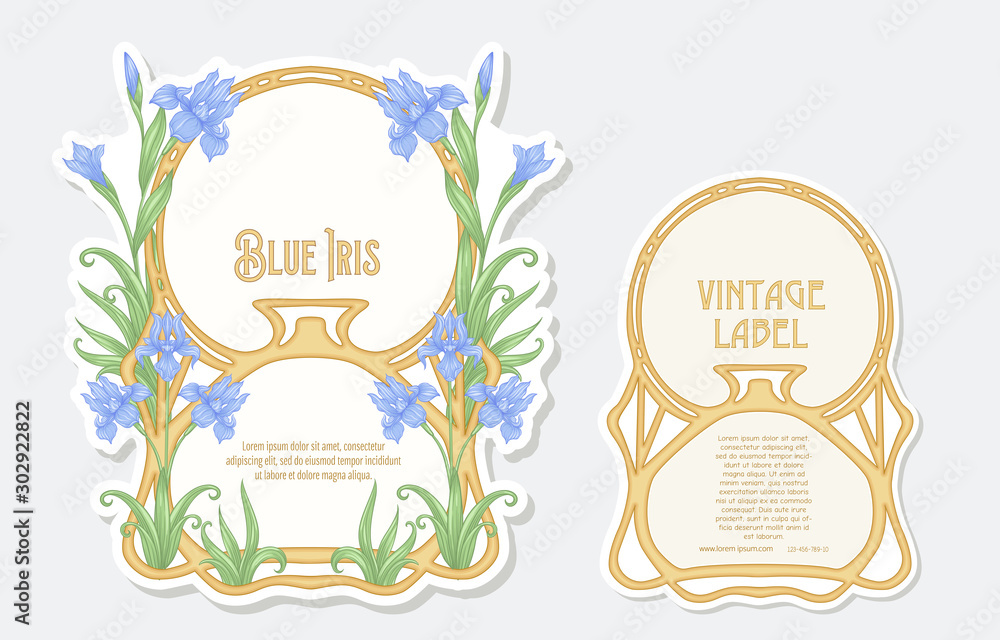 Vecteur Stock Iris flower. Set of 2 labels, decorative frames, borders ...