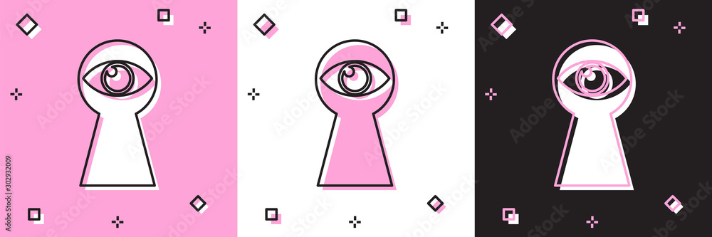 Set Keyhole with eye icon isolated on pink and white, black background ...