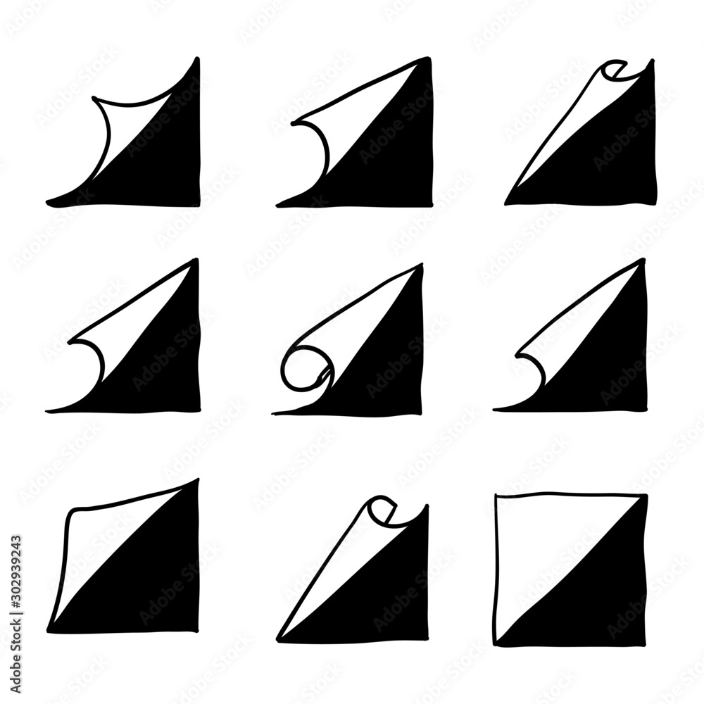 set of Curled corners set. Paper page curl corner, flip turn fold sheet ...