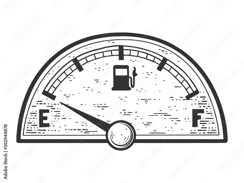Car fuel gauge with empty tank indicator sketch engraving vector ...