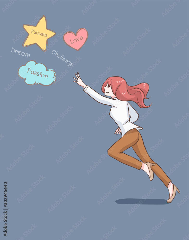 Business woman running trying to grab success life with smiling face ...