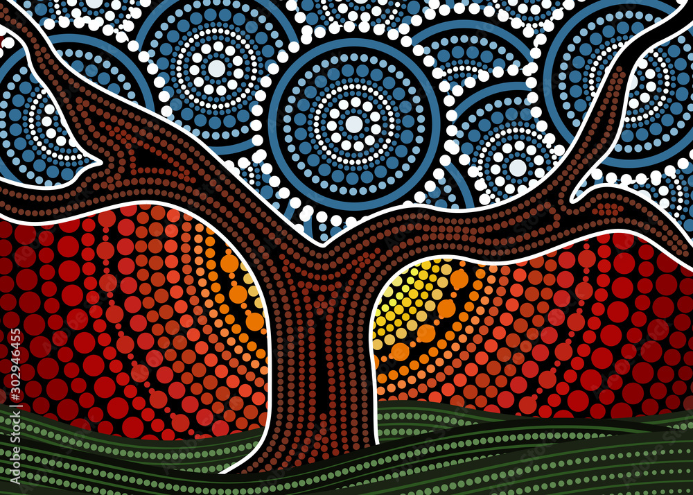 Tree on the hill, An illustration based on aboriginal style of ...