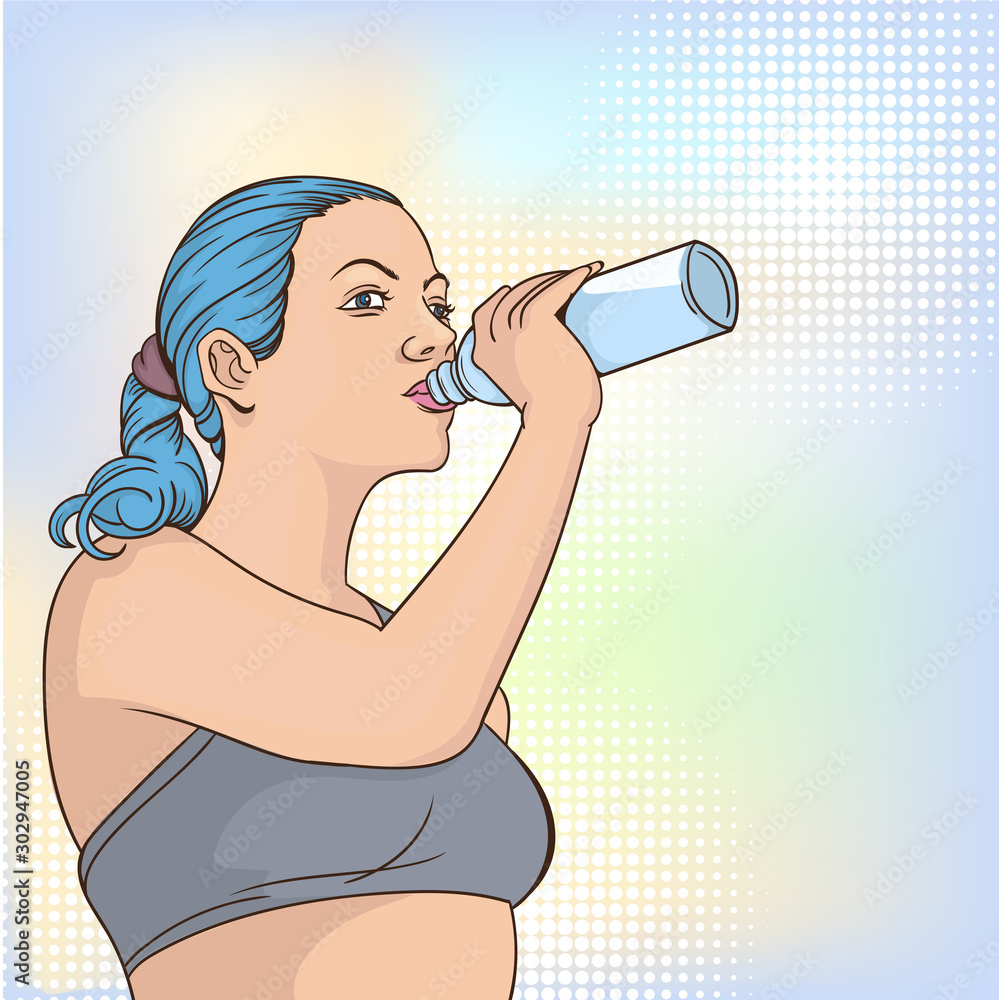 A beautiful girl is drinking water from a bottle.Pop art retro comic ...