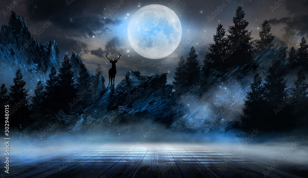 Futuristic night landscape with abstract landscape and island ...