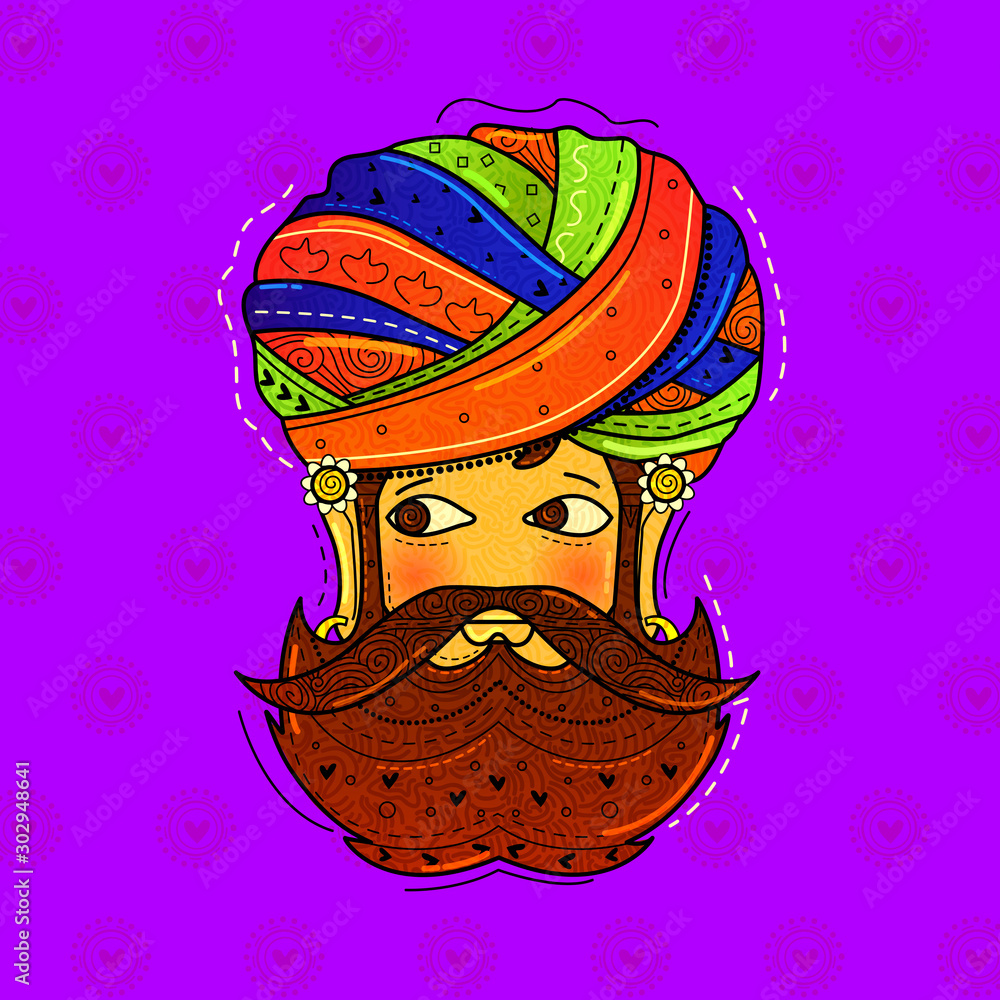 vector design of desi (indian) art style rajasthani man with beard ...
