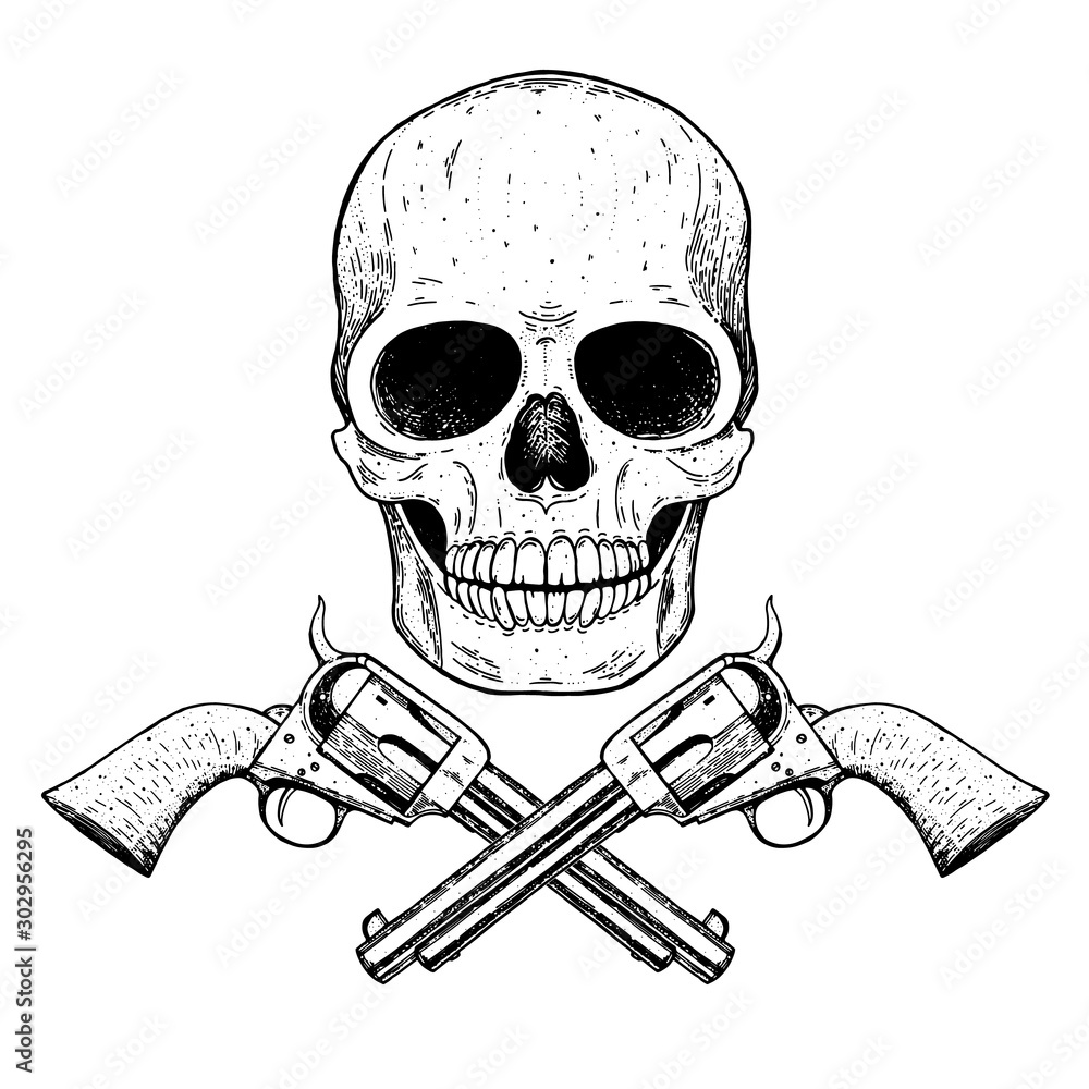 Skull and pistols hand drawn illustration. Tattoo vintage print. Skull ...