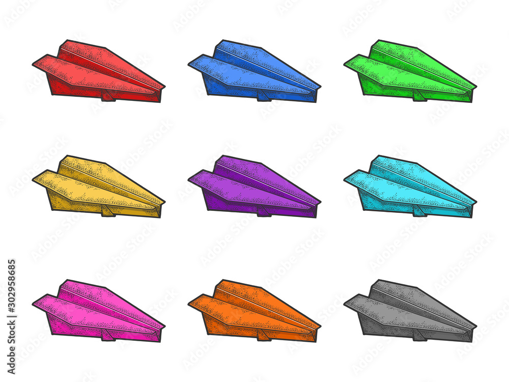 Color paper plane set sketch engraving vector illustration. T-shirt ...