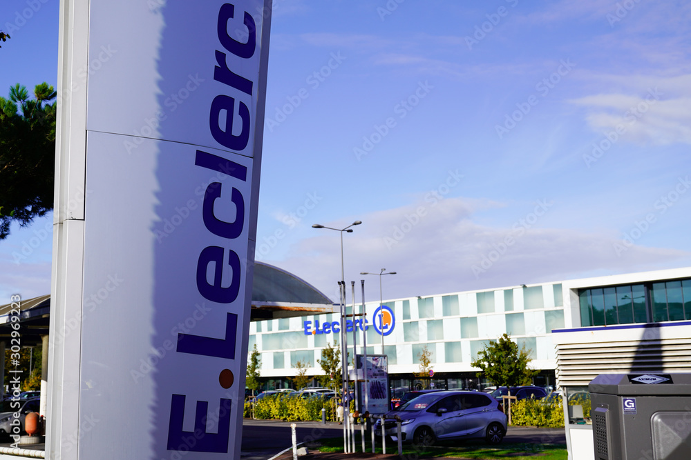 leclerc shop sign store facade with logo E.Leclerc French supermarket ...