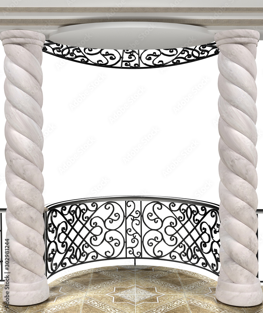 Balcony with a wrought iron fence and twisted columns on a white ...
