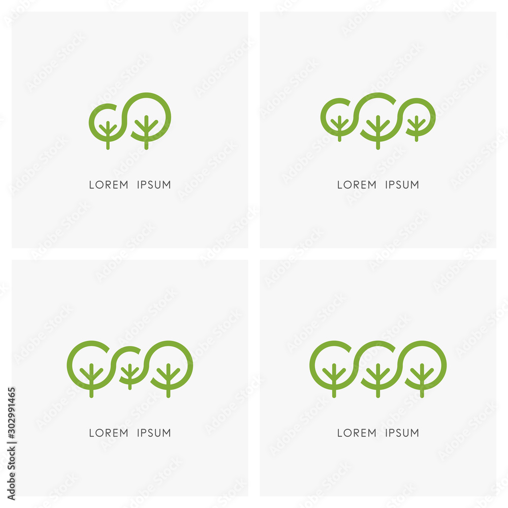 Green family logo set. Big tree and small plant or sapling symbol ...