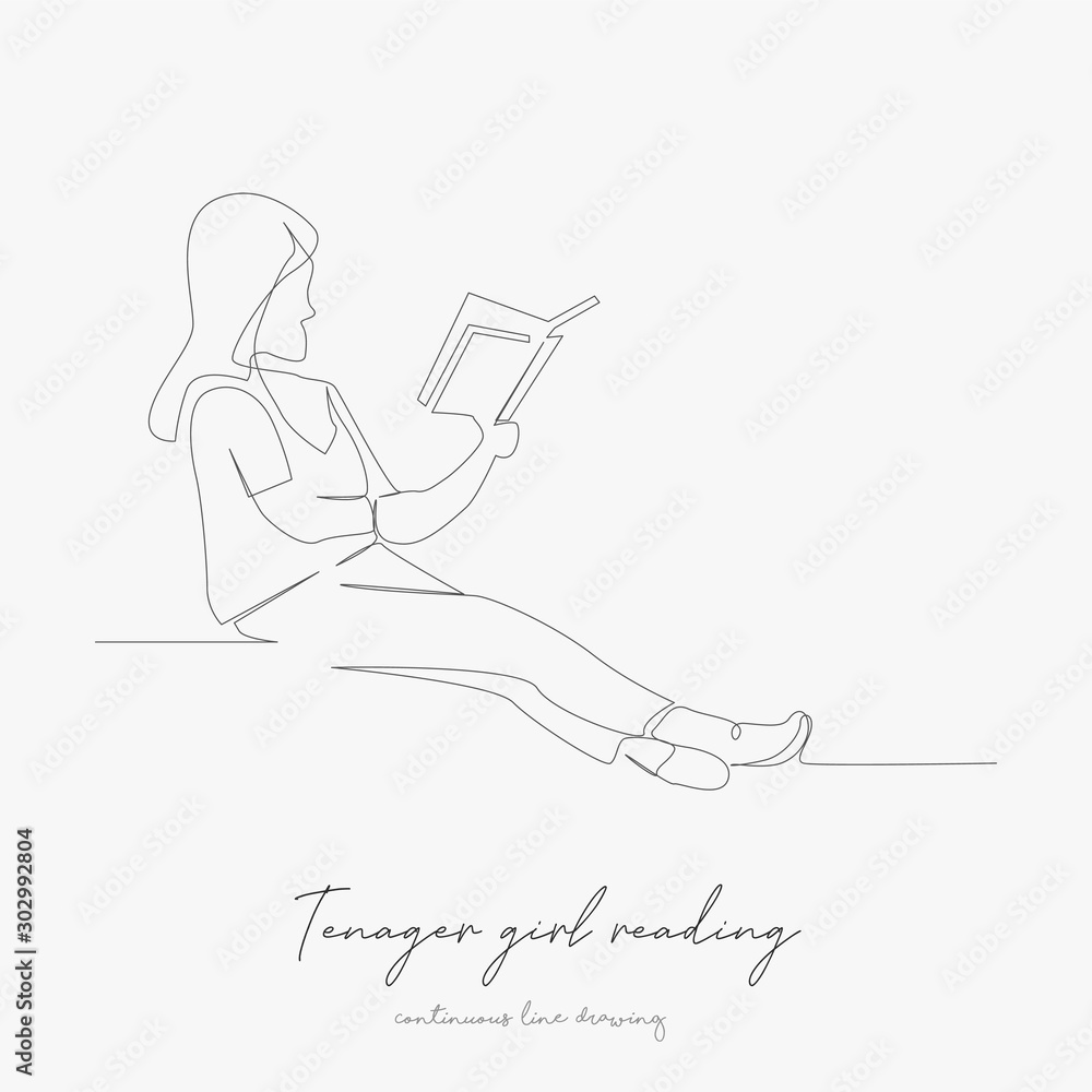 continuous line drawing. tenager girl reading book. simple vector ...