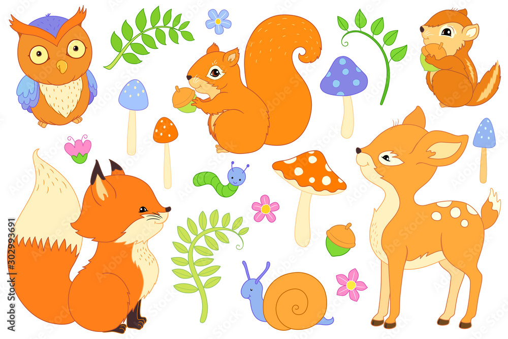 Cute forest animals clip art, set include a fox, owl squirrel, chipmunk ...