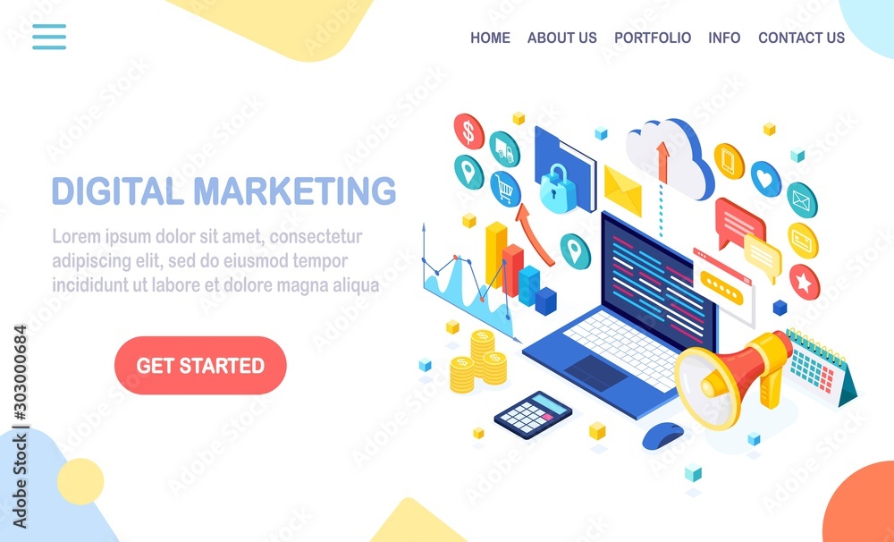 Digital marketing concept. 3d isometric computer, laptop, pc with money ...