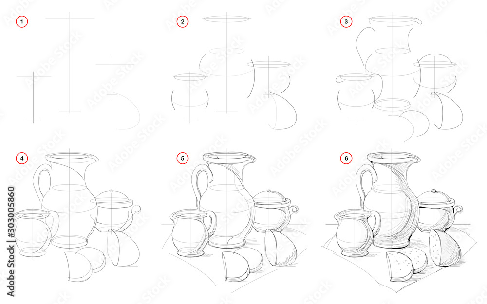 How to draw still life with Baltic ceramic dishes. Creation step by ...
