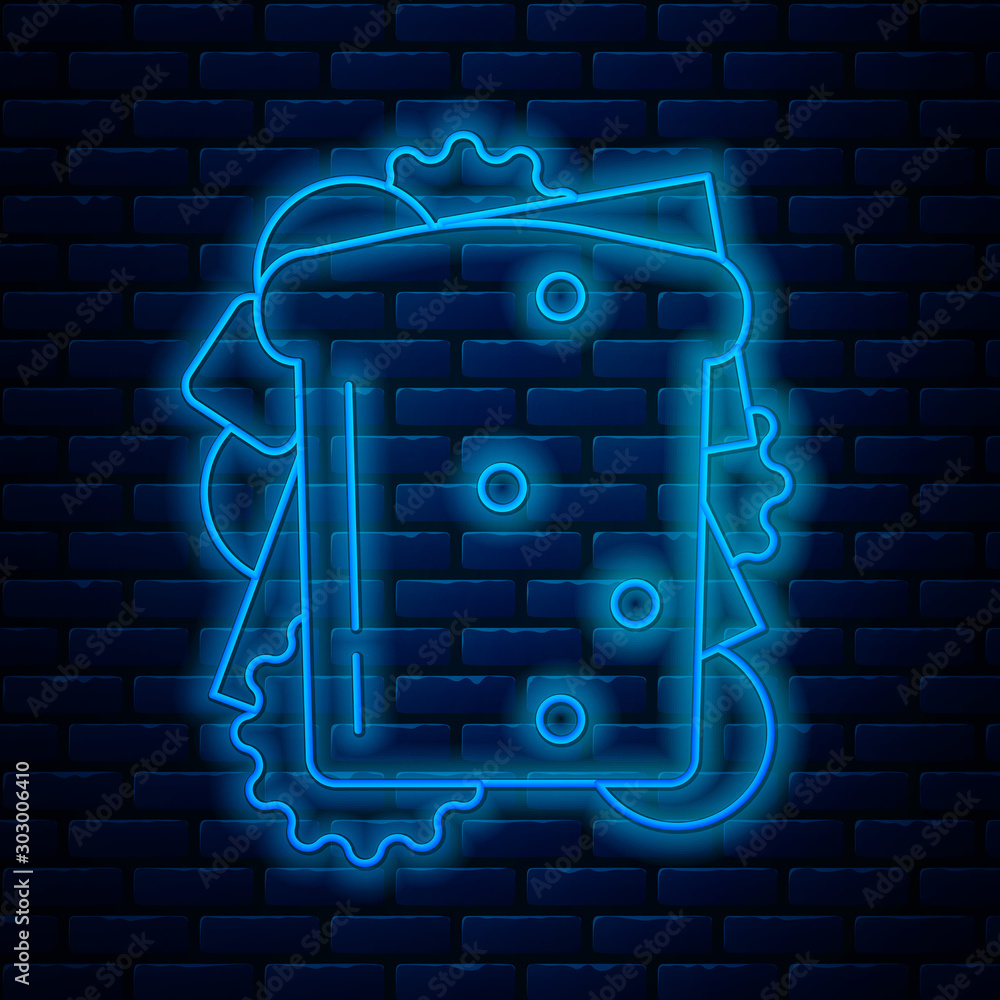Glowing neon line Sandwich icon isolated on brick wall background ...
