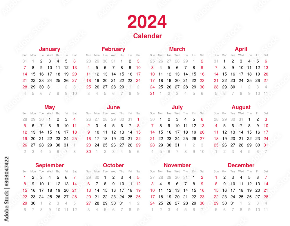 Fototapeta Calendar 2024 - 12 months yearly vector calendar in year ... Fototapeta Calendar 2024 - 12 months yearly vector calendar in year ...