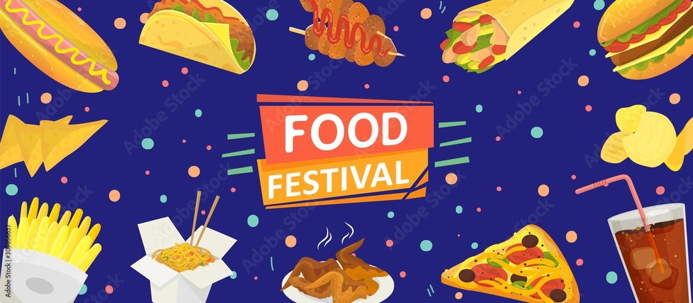 Food festival banner poster vector illustration. Celebration flyer ...