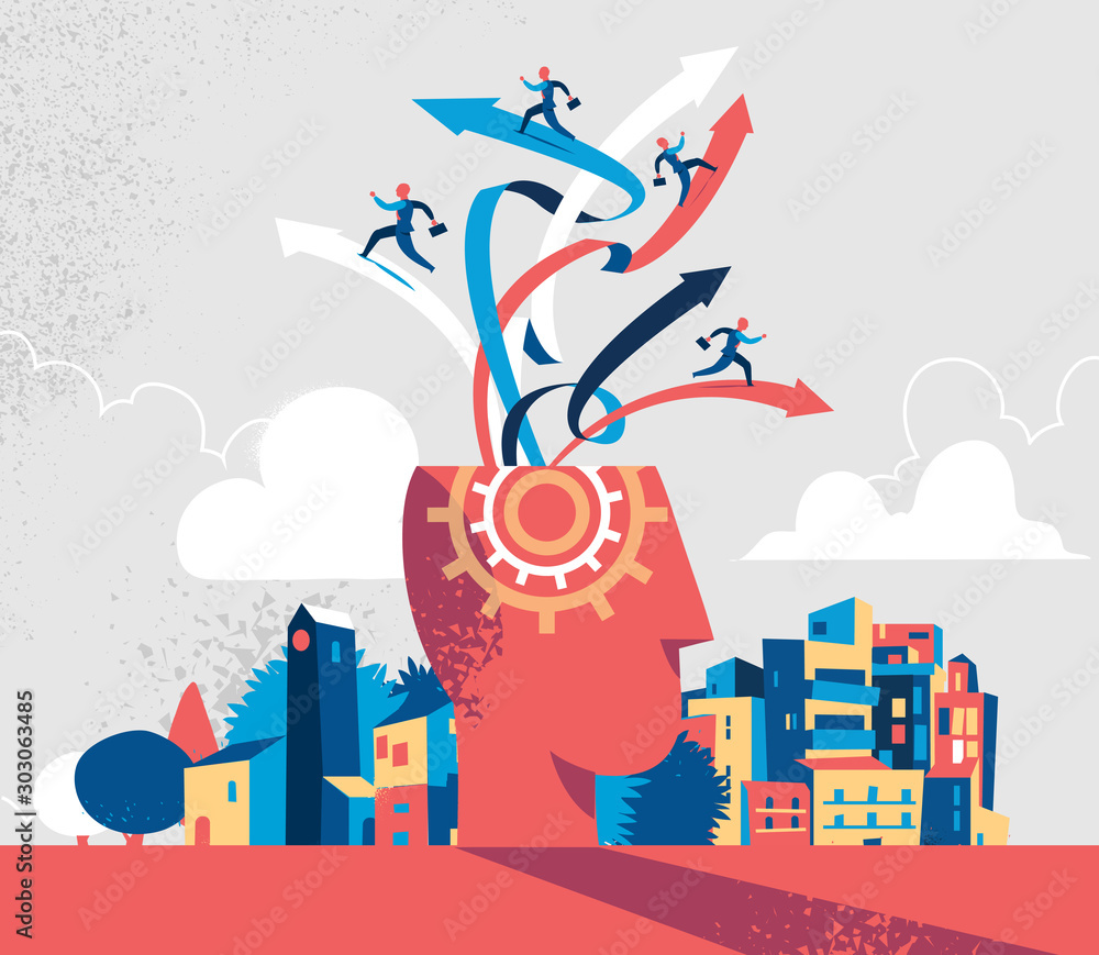 Poster Business people run in different directions coming out of human ...