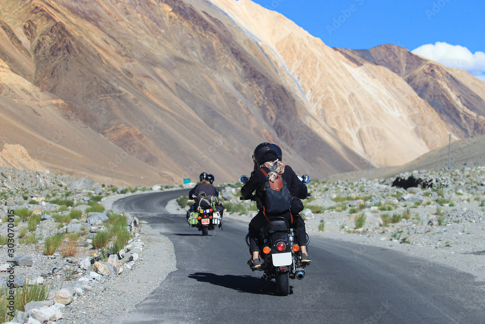 Motorcycle travelers ride in indian Himalaya roads,leh ladakh . Stock ...