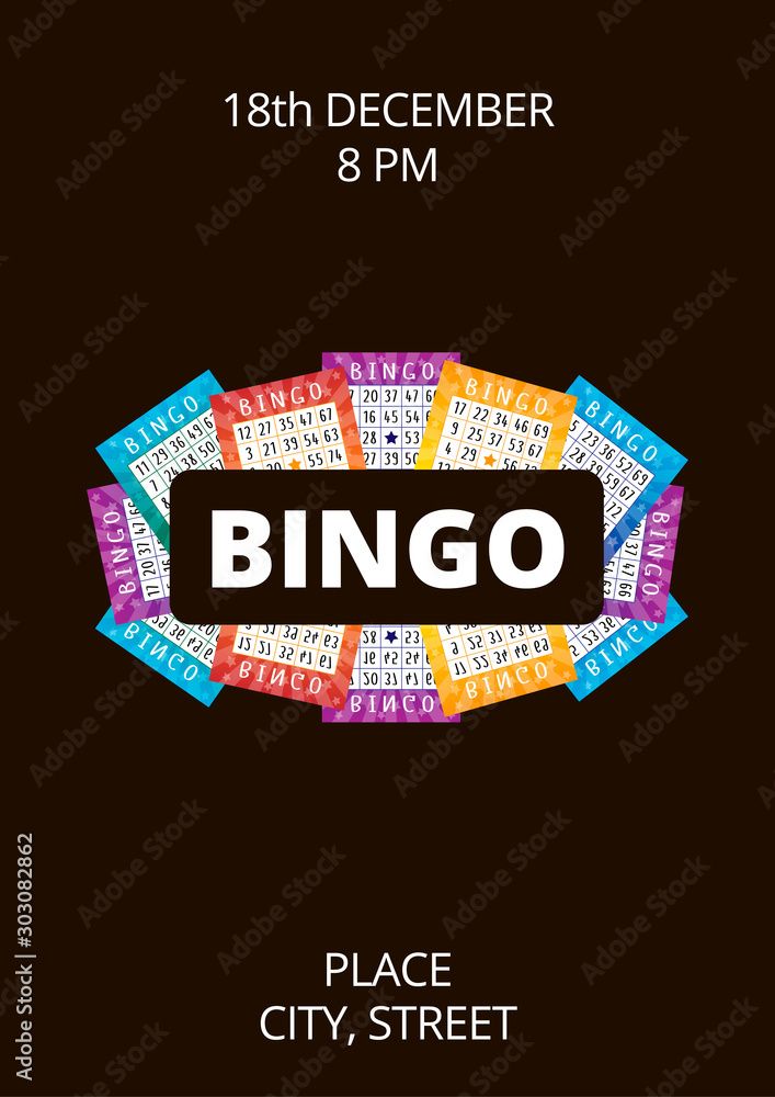 Bingo poster with multicolored lottery tickets and black background ...