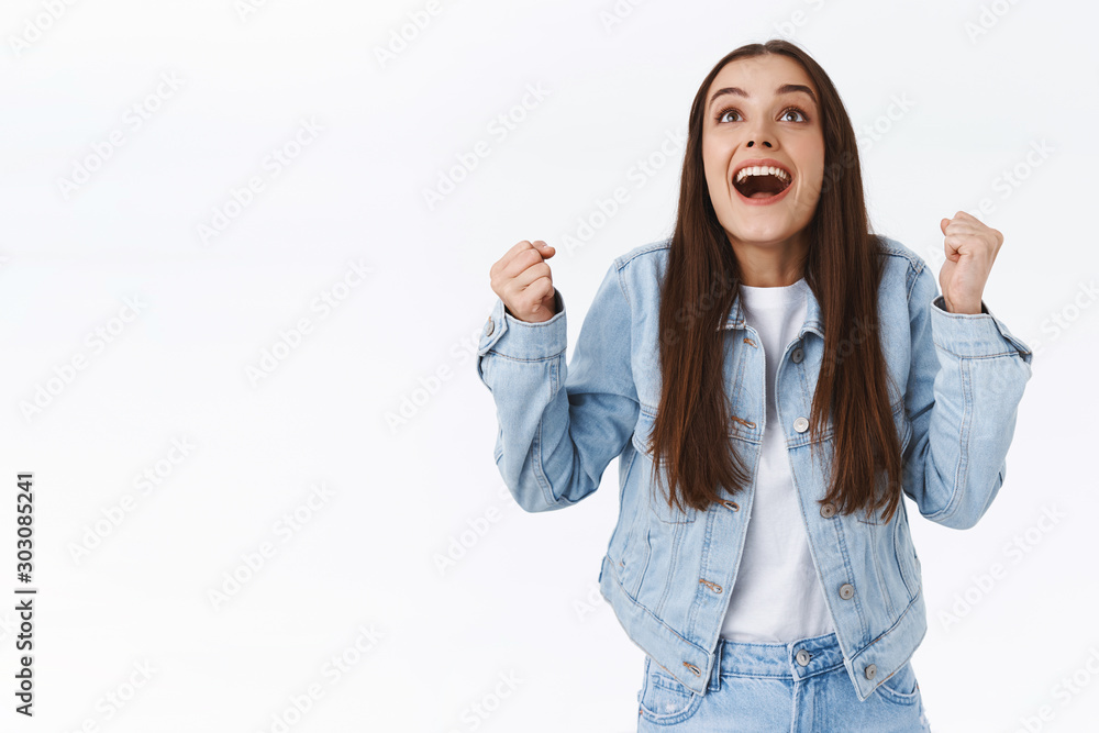 Excited girl achieve goal, celebrating victory, winning prize and ...