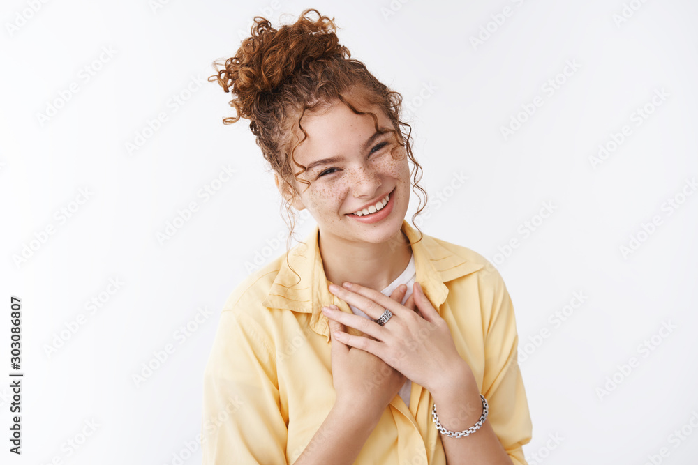 Cute charming tender european ginger girl student curly messy bun ...