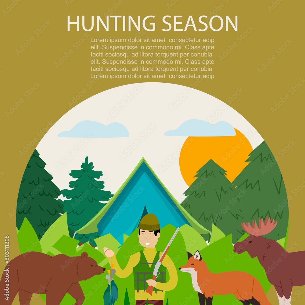 Hunting animals in forest hunt vector illustration. Flat desing of ...
