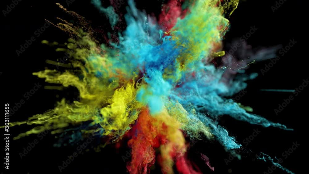 Cg animation of color powder explosion on black background. Macro. Slow ...
