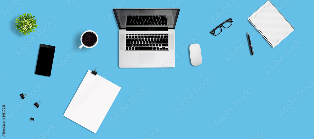 Top view office desk and supplies, with copy space. Creative flat lay ...