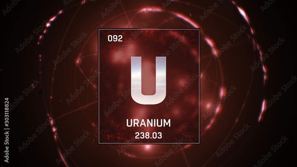 3D illustration of Uranium as Element 92 of the Periodic Table. Red ...