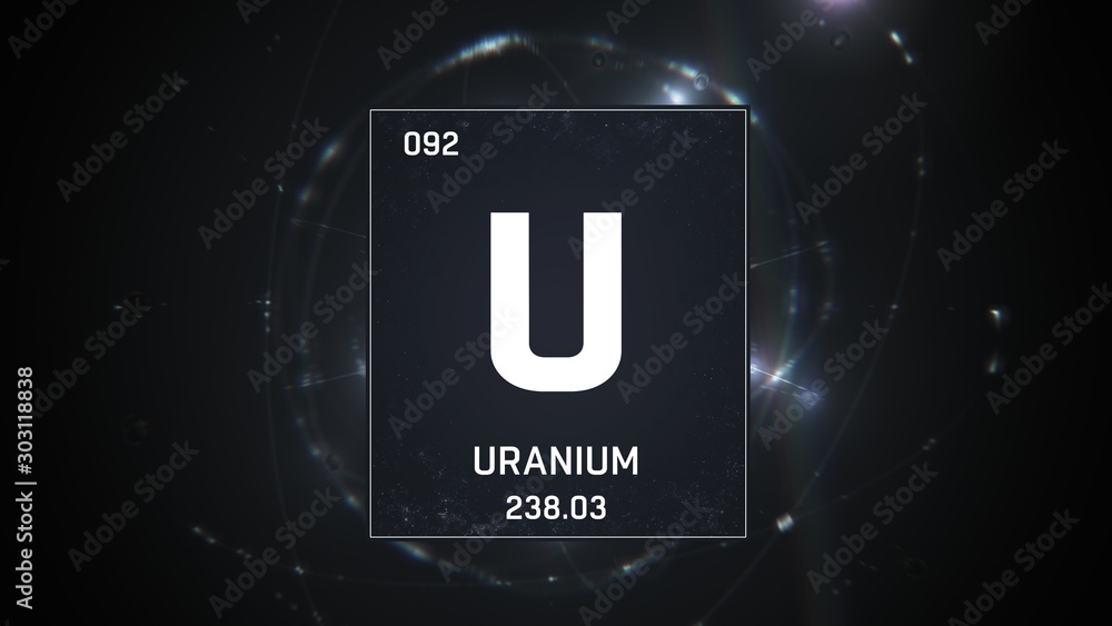 3D illustration of Uranium as Element 92 of the Periodic Table. Silver ...