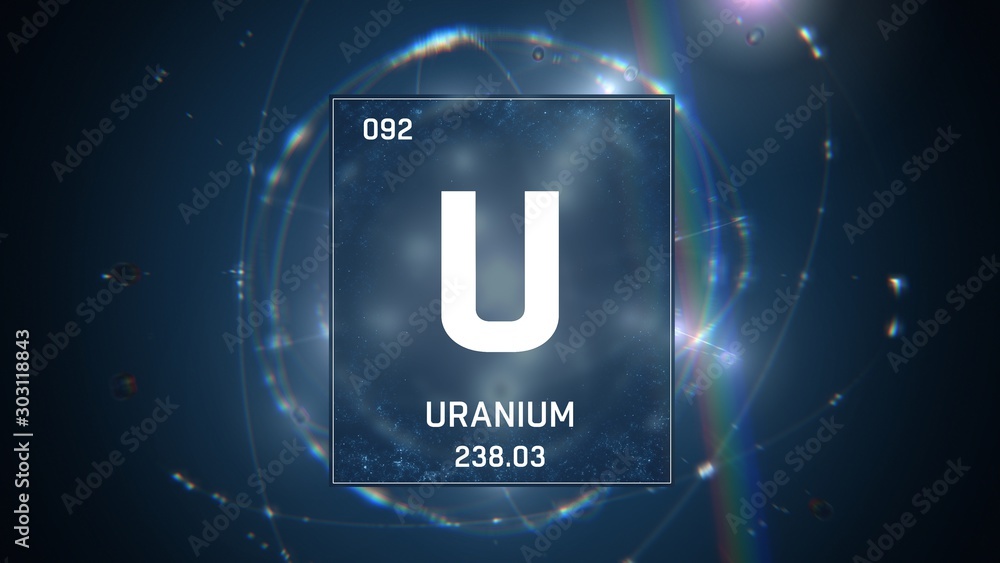 3D illustration of Uranium as Element 92 of the Periodic Table. Blue ...