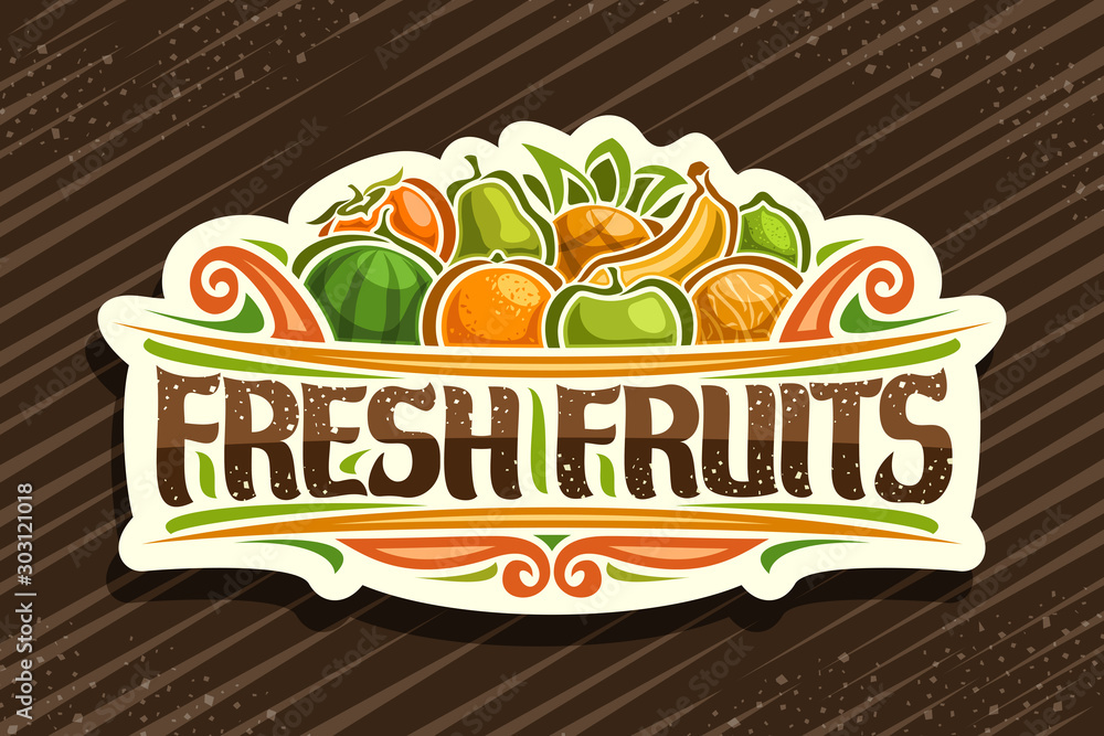 Vector logo for Fresh Fruits, cut paper sign with illustration of pile ...