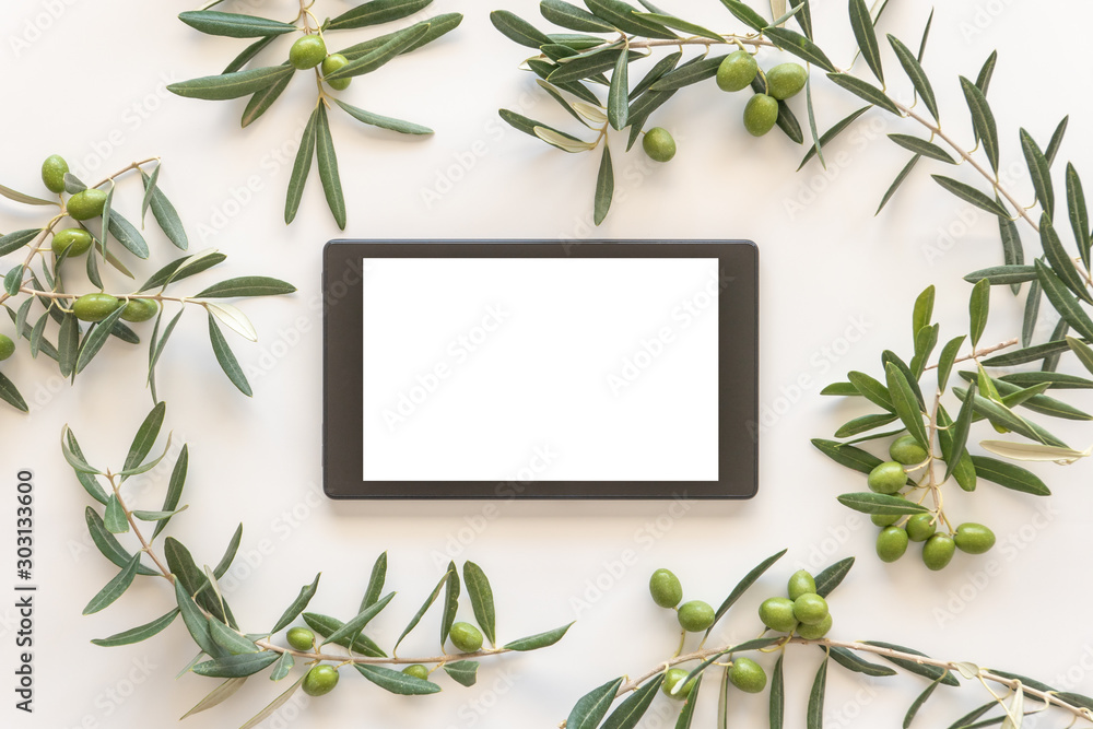Frame with branches of an olive tree and olive fruits. Stock Photo ...