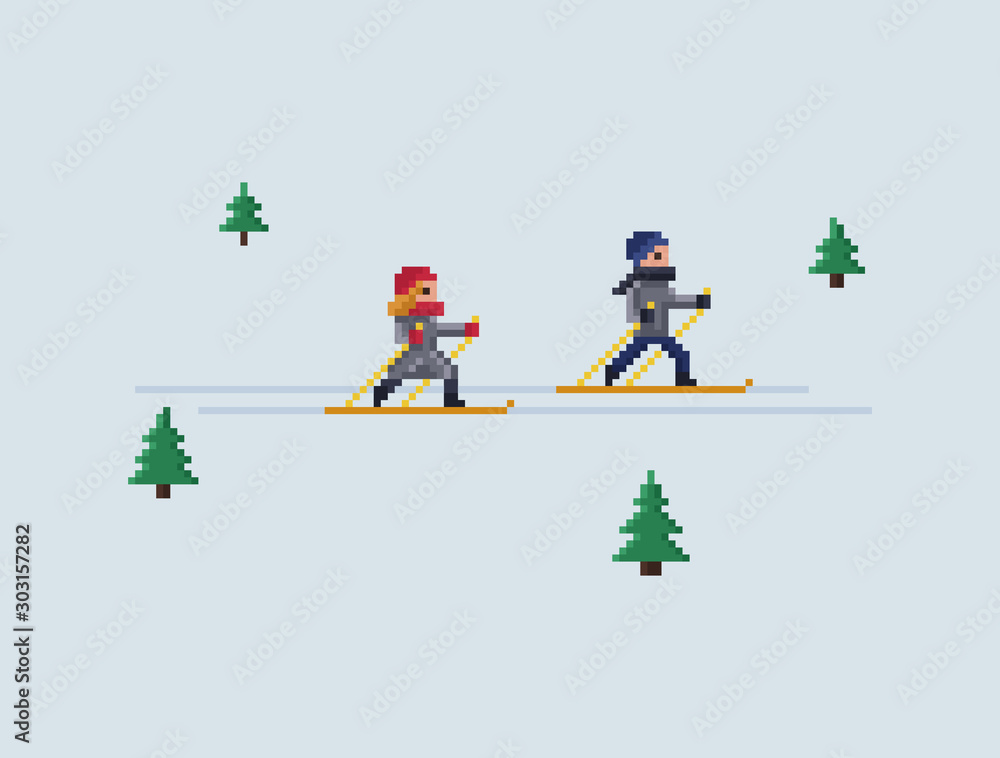 Pixel art vector 8 bit illustration -boy and girl skiing and christmas ...