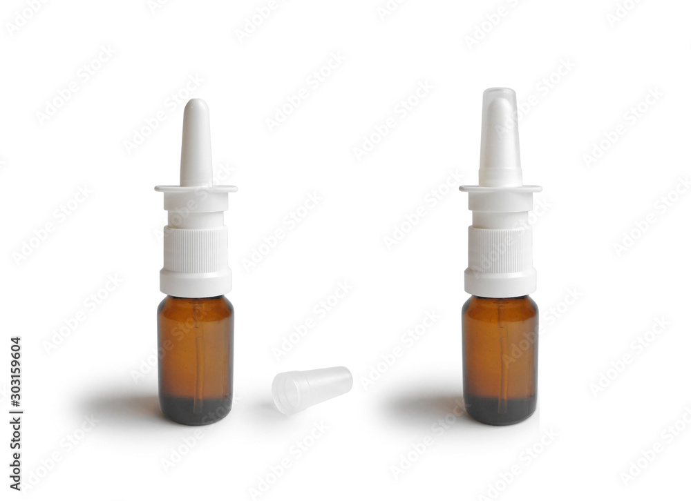 Unmarked bottle of nasal spray with open and closed spout isolated on ...