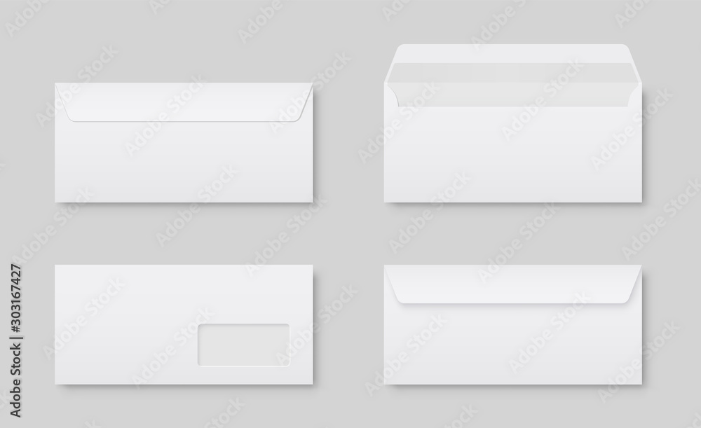Realistic blank white letter paper DL envelope front view. Vector blank ...