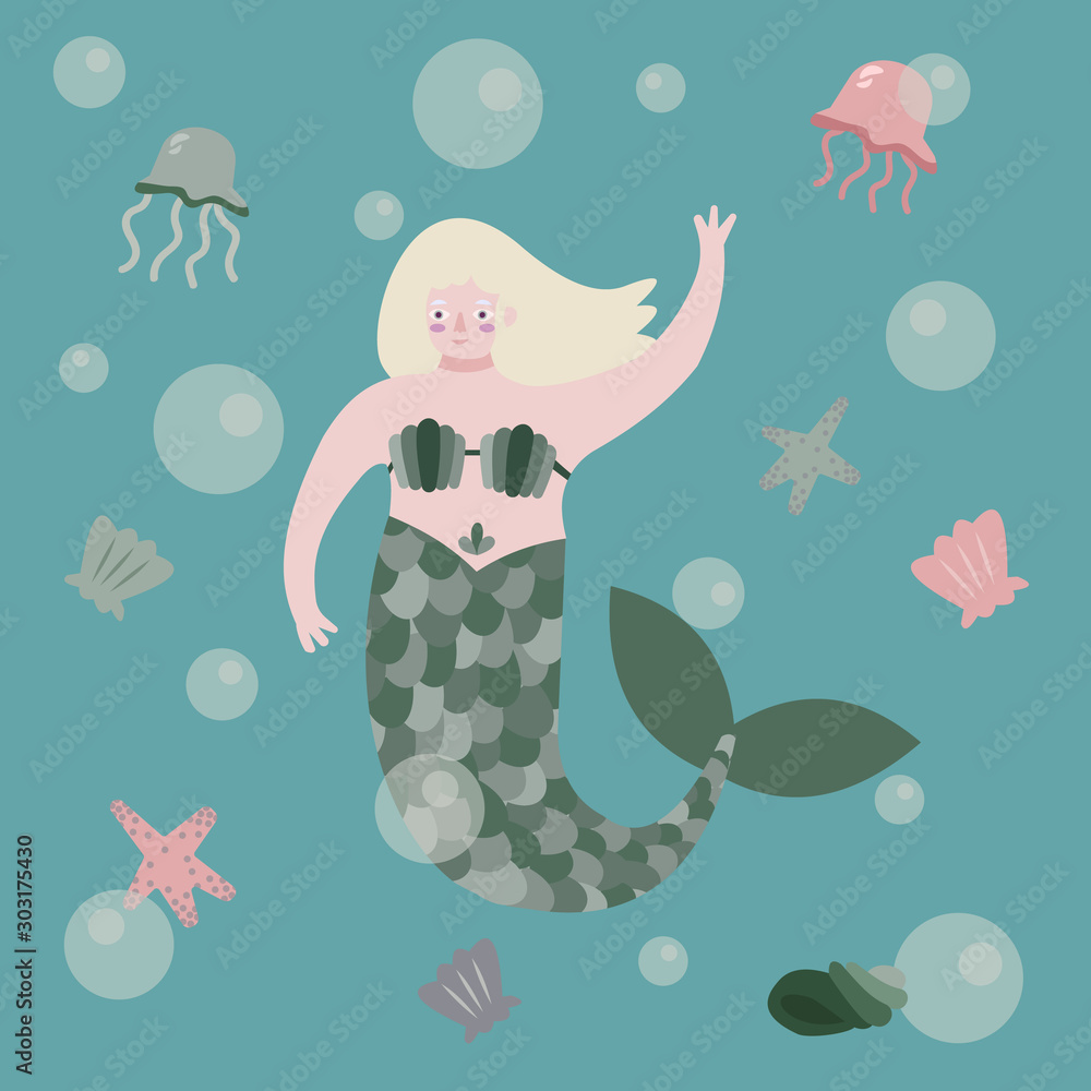 Popular pastel mermaid set. Happy and beautiful mermaid on blue ...