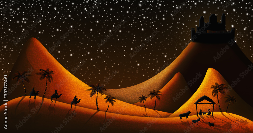 Christmas Nativity Scene Of Three Wise Men Magi Going To Meet Baby ...