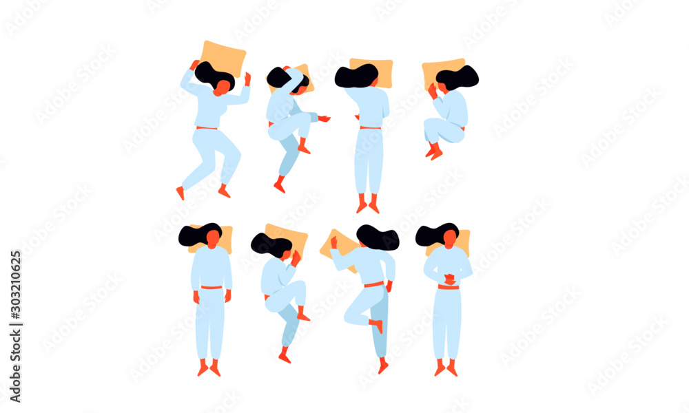 Sleep positions vector illustration. Flat female character in eight ...