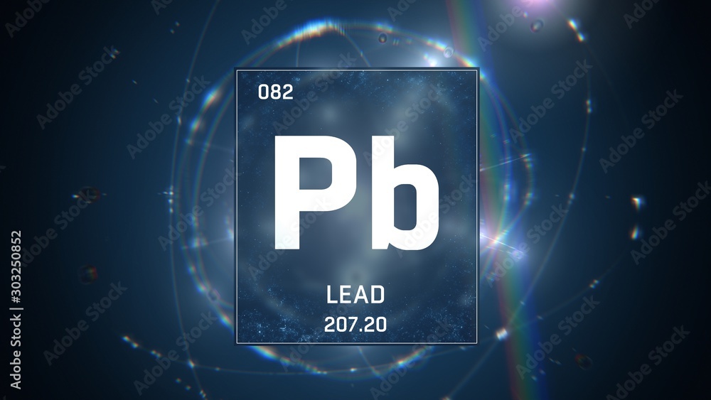 3D illustration of Lead as Element 82 of the Periodic Table. Blue ...