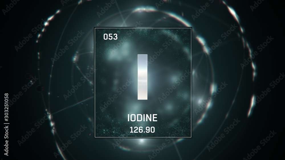 3D illustration of Iodine as Element 53 of the Periodic Table. Green ...