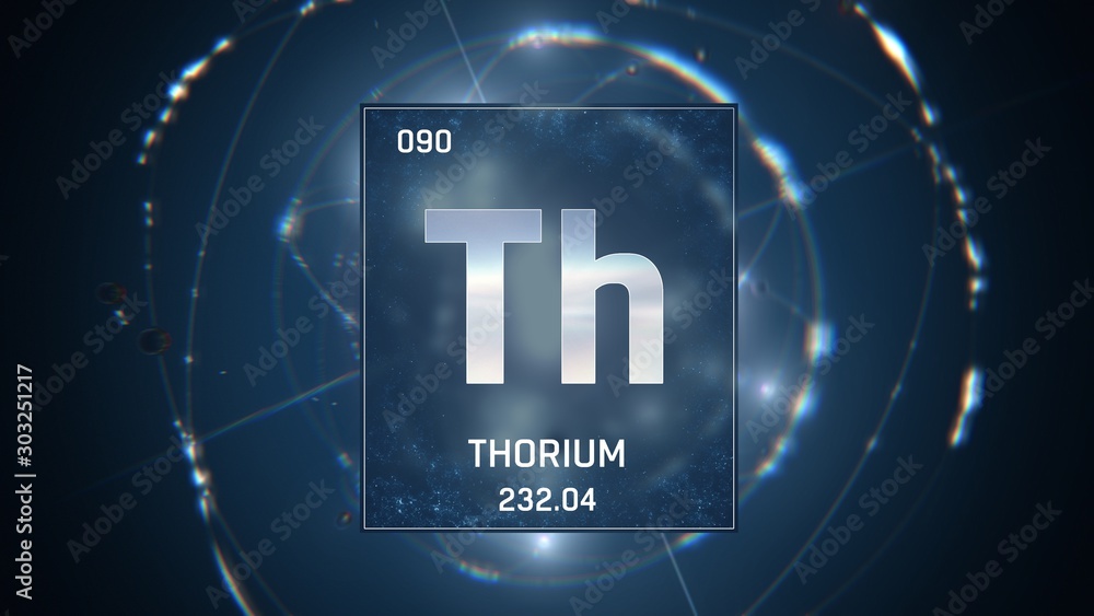 3D illustration of Thorium as Element 90 of the Periodic Table. Blue ...