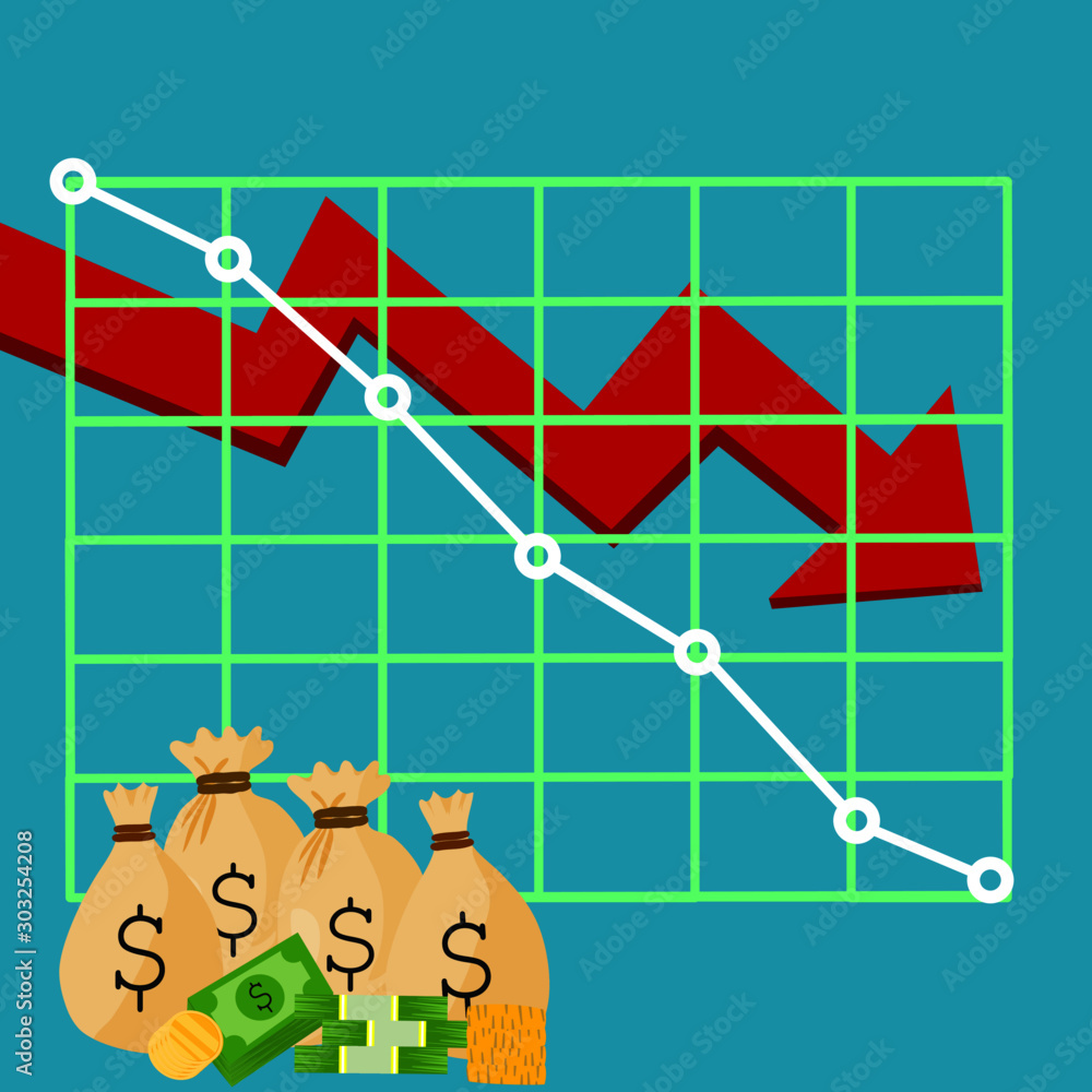 business finance crisis concept. money fall down with arrow decrease symbol. stock market ...