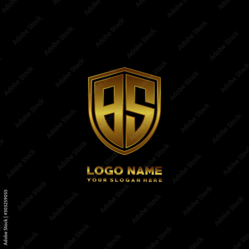 Initial letters BS shield shape gold monogram logo. Shield Secure Safe ...