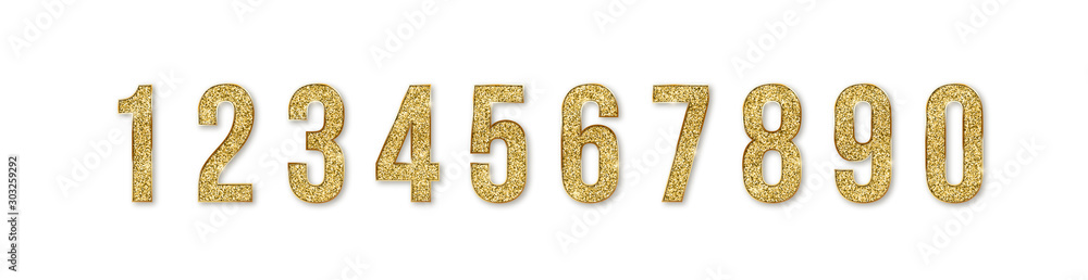Set of golden numbers. Numbers from 0 to 9 with shimmering glitter ...